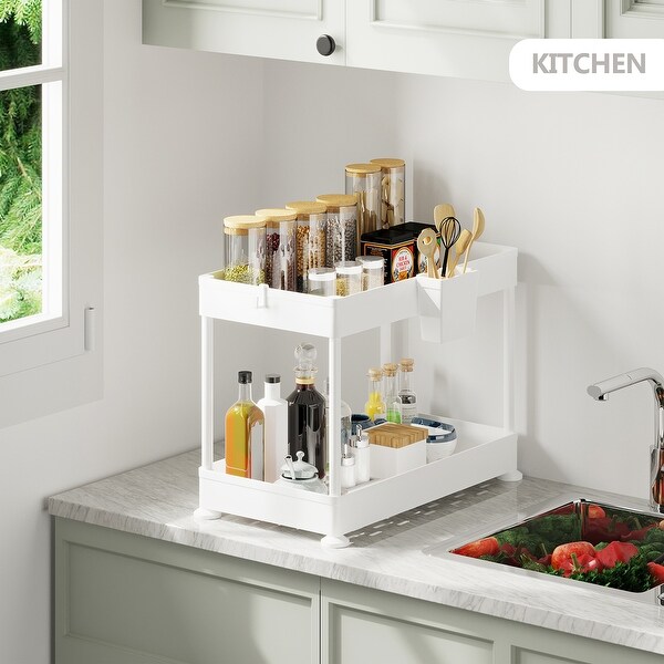 StorageBud 2 Tier Non Slip Grip Kitchen Under Sink Organizer Bathroom Cabinet Organizer with Utility Hooks and Side Caddy On Sale Bed Bath Beyond 36856181