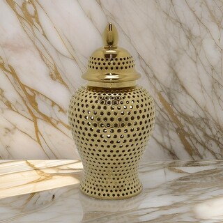 Deni 19 Inch Temple Jar, Small Carved Cut Out Lattice, Lid, Gold ...