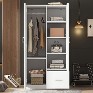 Wooden Wardrobe with Double Doors, Hanging Rod, 5 Fixed Shelves, One ...