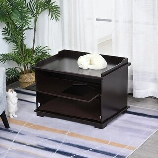29.3 "Brown cat house, wooden litter box, end table by sofa, nightstand ...