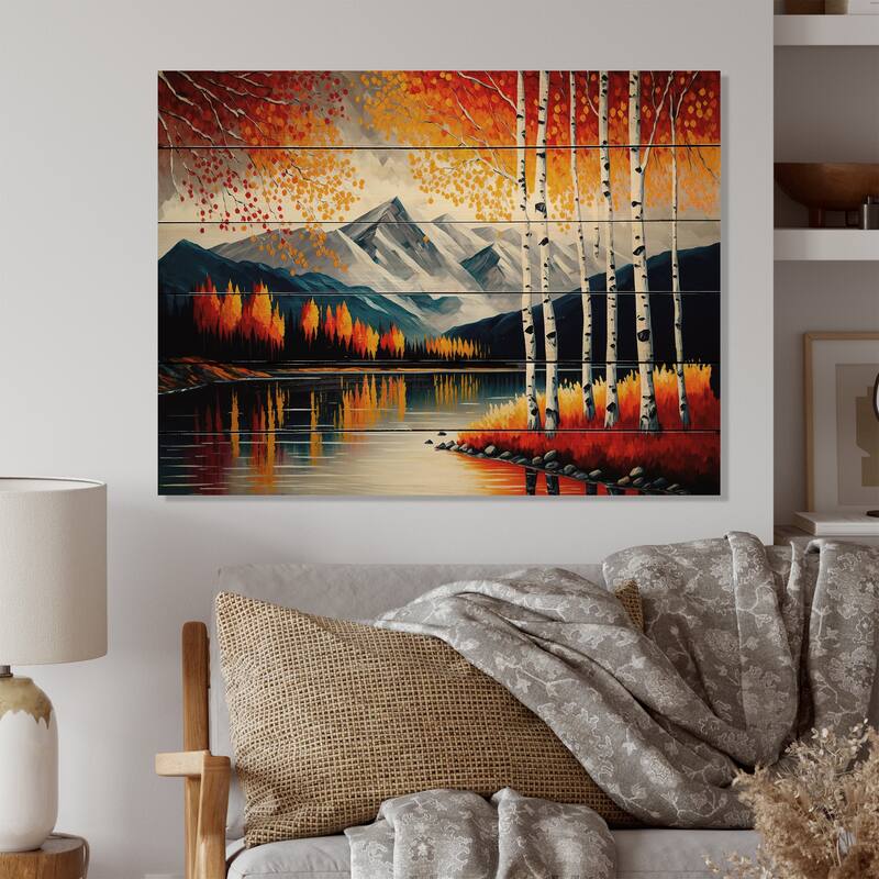 Designart 'Red And Orange Birch Trees By The Lake III' Landscape Lake ...
