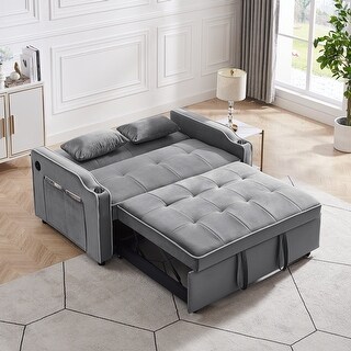 Gray Pull Out Sleep Sofa Velvet Convertible Couch w/ USB Port & Pocket ...