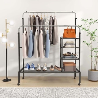 Portable Rolling Hanging Clothes Rack Double Rods Garment Rack - Bed ...
