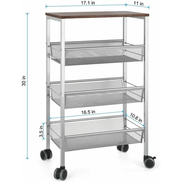 3-Tier Wire Storage Cart, MDF Wood Top and Metal Frame, Silver - Bed ...