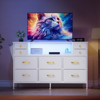 White Dresser for Bedroom with 10 Drawers TV Stand with LED Lights and ...