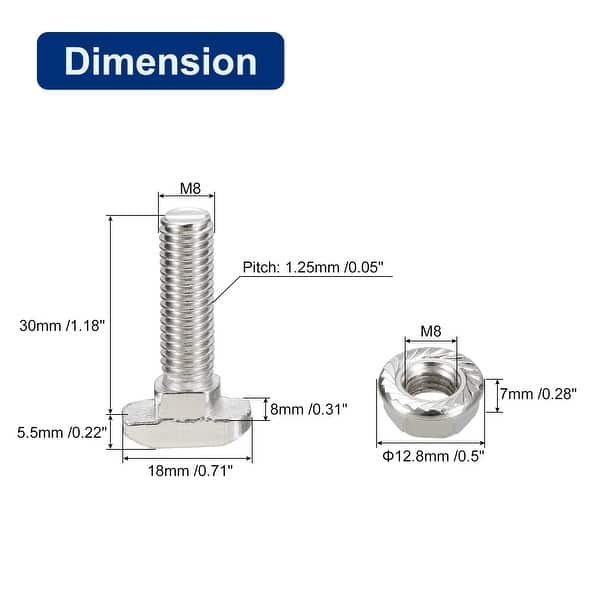 T Slot Drop-in Bolt & M8 Hexagon Flange Nut Set, 10 Sets for 40 Series ...