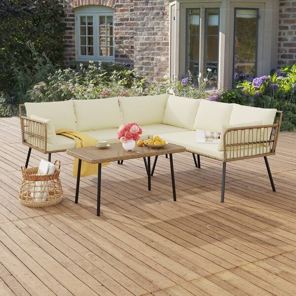 Fernald 4-piece Wicker Patio Furniture Set Rattan Sectional L-Shaped ...