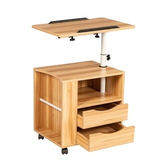 Height Adjustable Natural Nightstand with Swivel Top/ Drawers/ Wheels ...