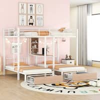 Full Over Twin & Twin Triple Bunk Bed with Drawers, Multi-functional Metal Frame Bed with desks ...