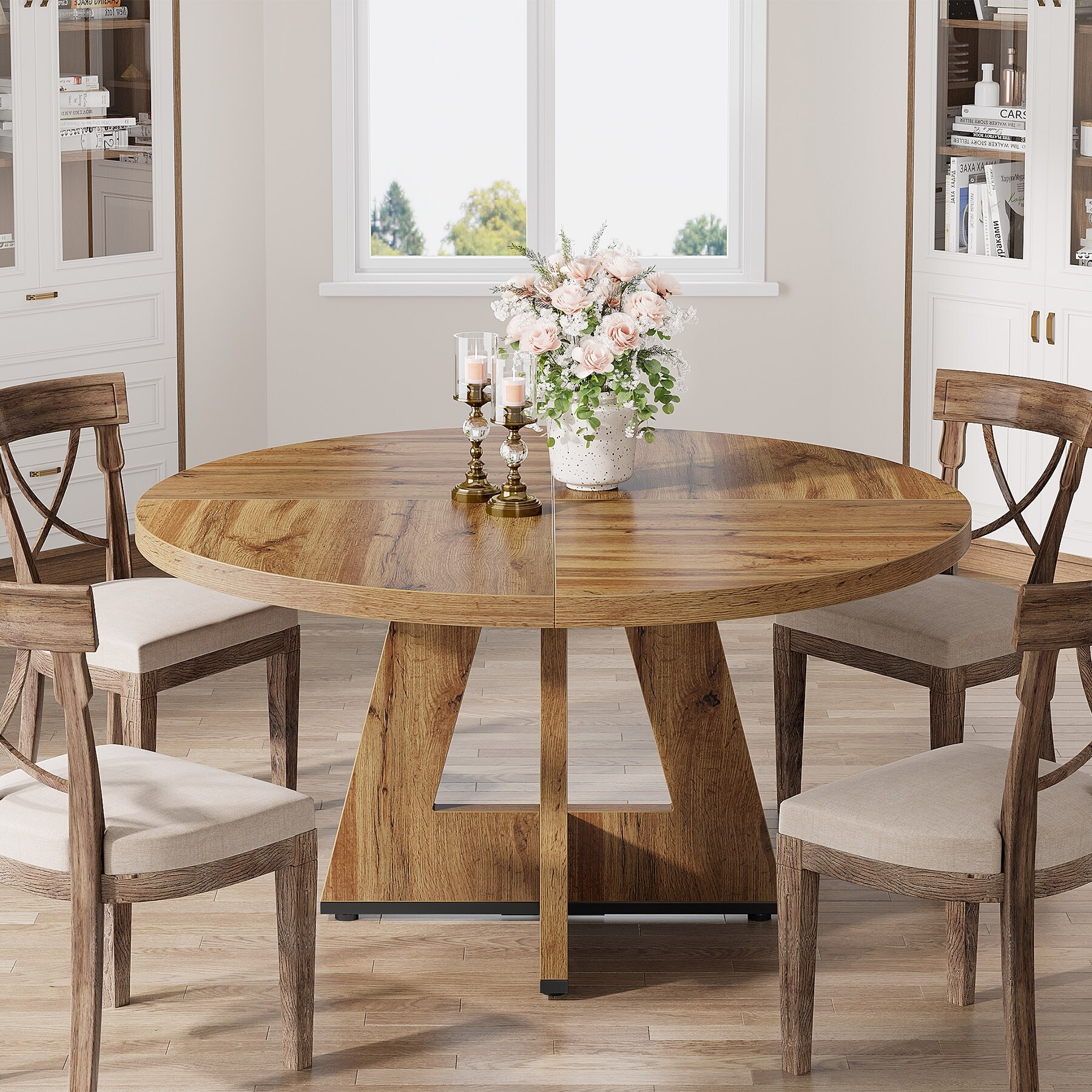 Round Dining Table for 4 47 Inch Farmhouse Kitchen Table Retro Brown