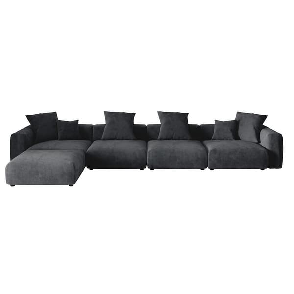 L Shaped Corduroy Upholstered Deep Seat Comfy Sectional Sofa with Solid ...