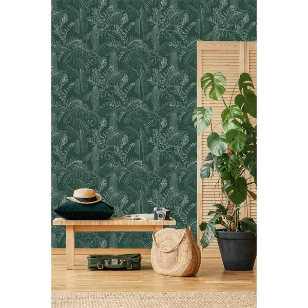 Green Wallpaper with Leaves Pattern Peel and Stick and Prepasted - Bed ...