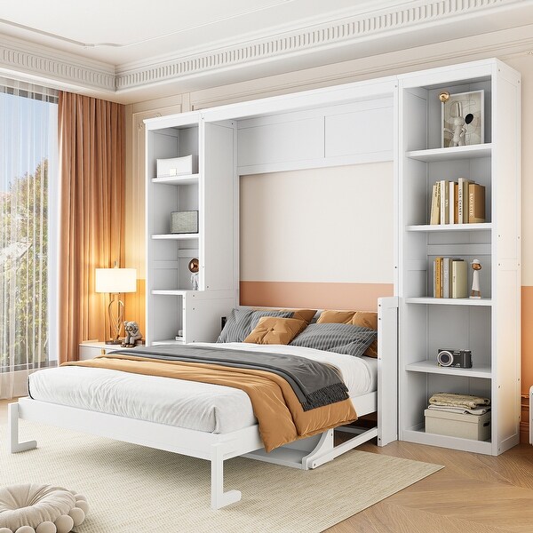 Wooden Murphy Bed Bedroom Folding Wall Bed with Desk Bookshelf Full Size Storage Platform Bed Folds Into Wall Cabinet White Bed Bath Beyond 42299435
