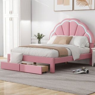 Pink Full Size Faux Leather Upholstered Platform Bed Frame with LED ...