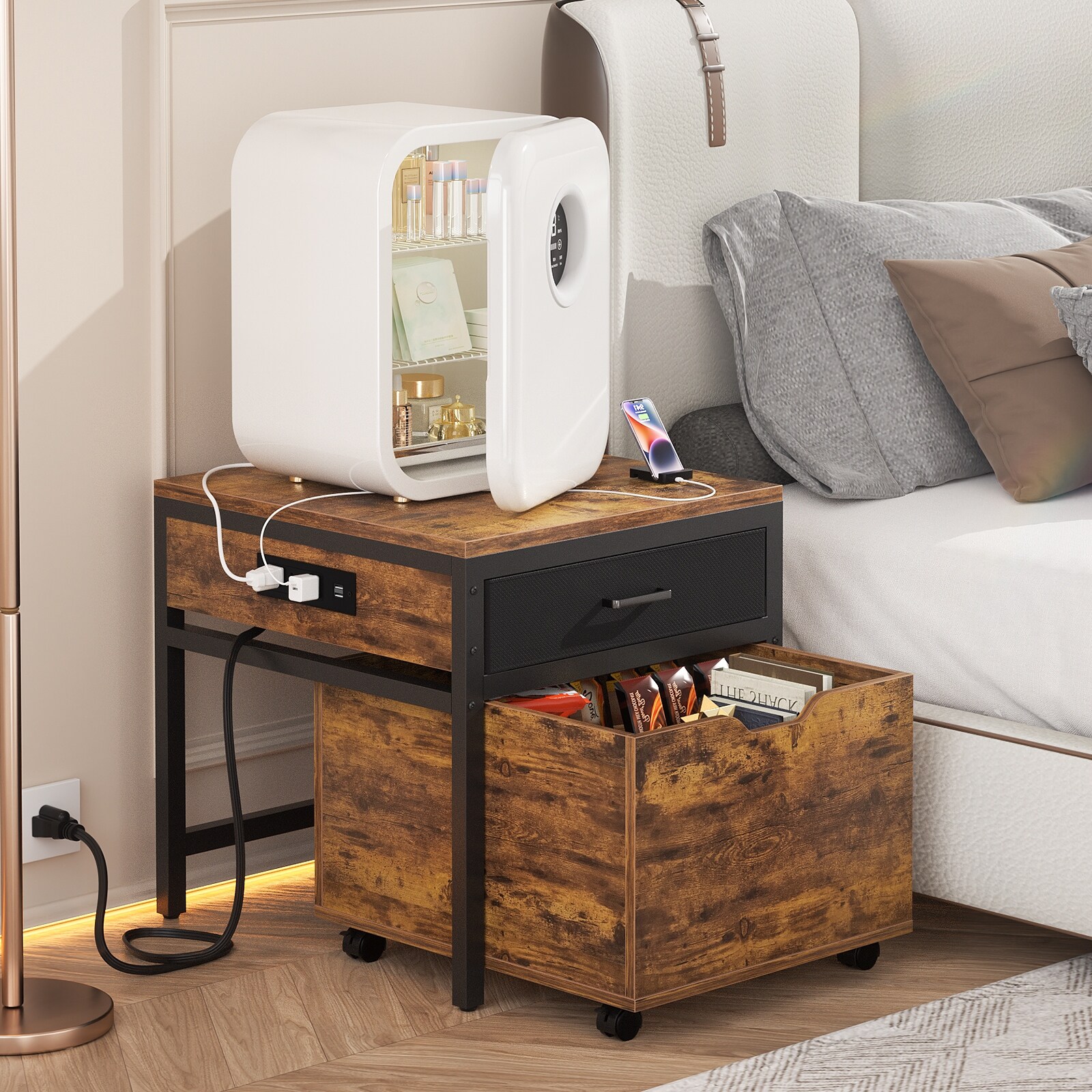 Mini Fridge Stand with Charge Station End Table with Storage Drawers and Rolling Cabinet