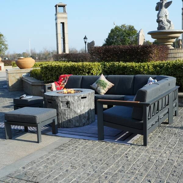 7-Piece Patio Aluminum L-Shape Conversation Sofa Set with Firepit Table ...