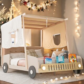 Wood Full Size Car Bed with Pillow, Ceiling Cloth and LED, Natural ...