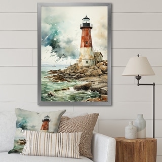 Designart "Vintage Lighthouses Guiding Light V" Lighthouses Framed ...