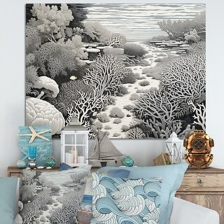 Designart "Abstract Black And White Corals Reef IV" Coastal Coral Under ...