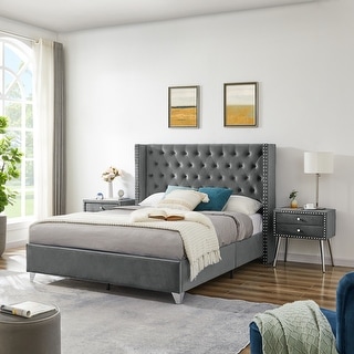 Queen Platform Wood Slat Bed Frame Metal Support Feet Square Arm Tufted ...