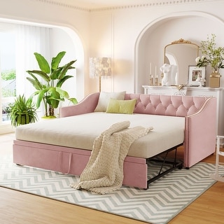 Twin Size Velvet Upholstered Daybed with Pop Up Trundle - Expands to ...