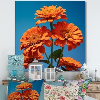 Designart "Zesty Orange And Blue Zinnias Flowers II" Zinnias Wall Art ...
