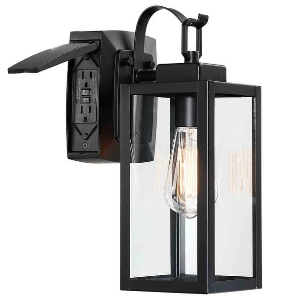 1-Light Outdoor Wall Lantern with Built-In GFCI Outlets - Matte Black ...