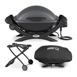 Weber Q 1400 Electric Grill (Black) with Portable Cart and Grill Cover ...