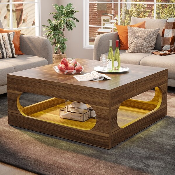 43 Inch Squre Coffee Table with LED Light 2 Tier Wood Cocktail Center Table with Storage for Living Room Home Office Brown