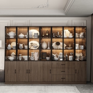 Modular Wood Finish Display Cabinet LED Light Kitchen Living Storage ...