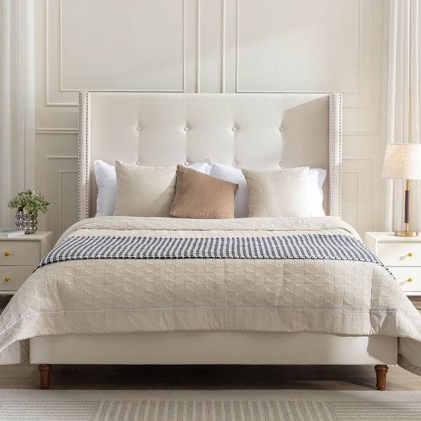 Traditional Upholstered King Platform Bed with 54 High Headboard Nailhead Trim Wingback Ivory