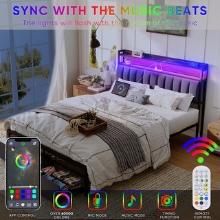 Full Size LED Upholstered Bed Frame with Charging Station - Bed Bath ...