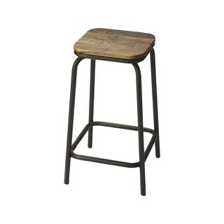 Brown Solid Wood and Black Iron Backless Counter Height Bar Stool with ...