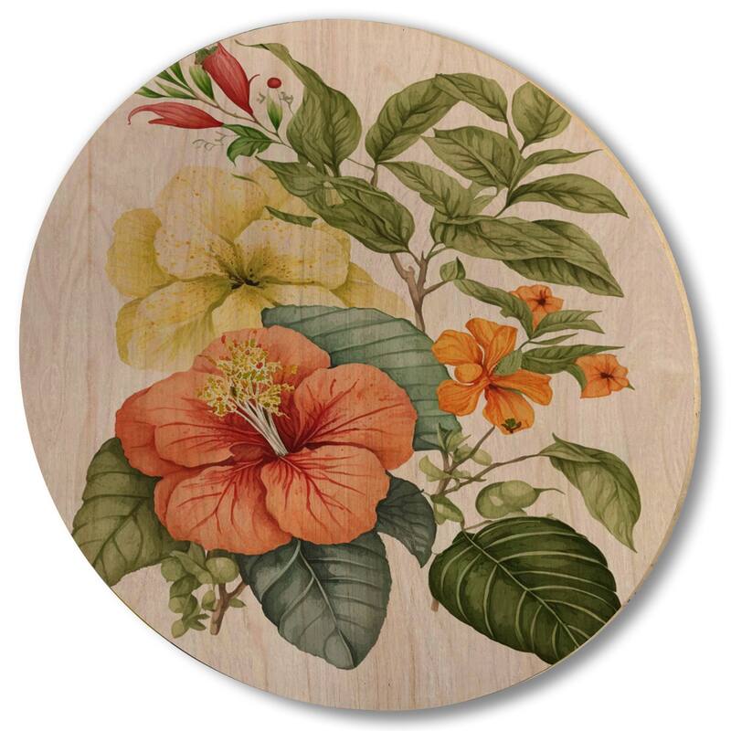 Designart "Blossiming Yellow Retro Hibiscus VI" Floral Hibiscus Wood ...