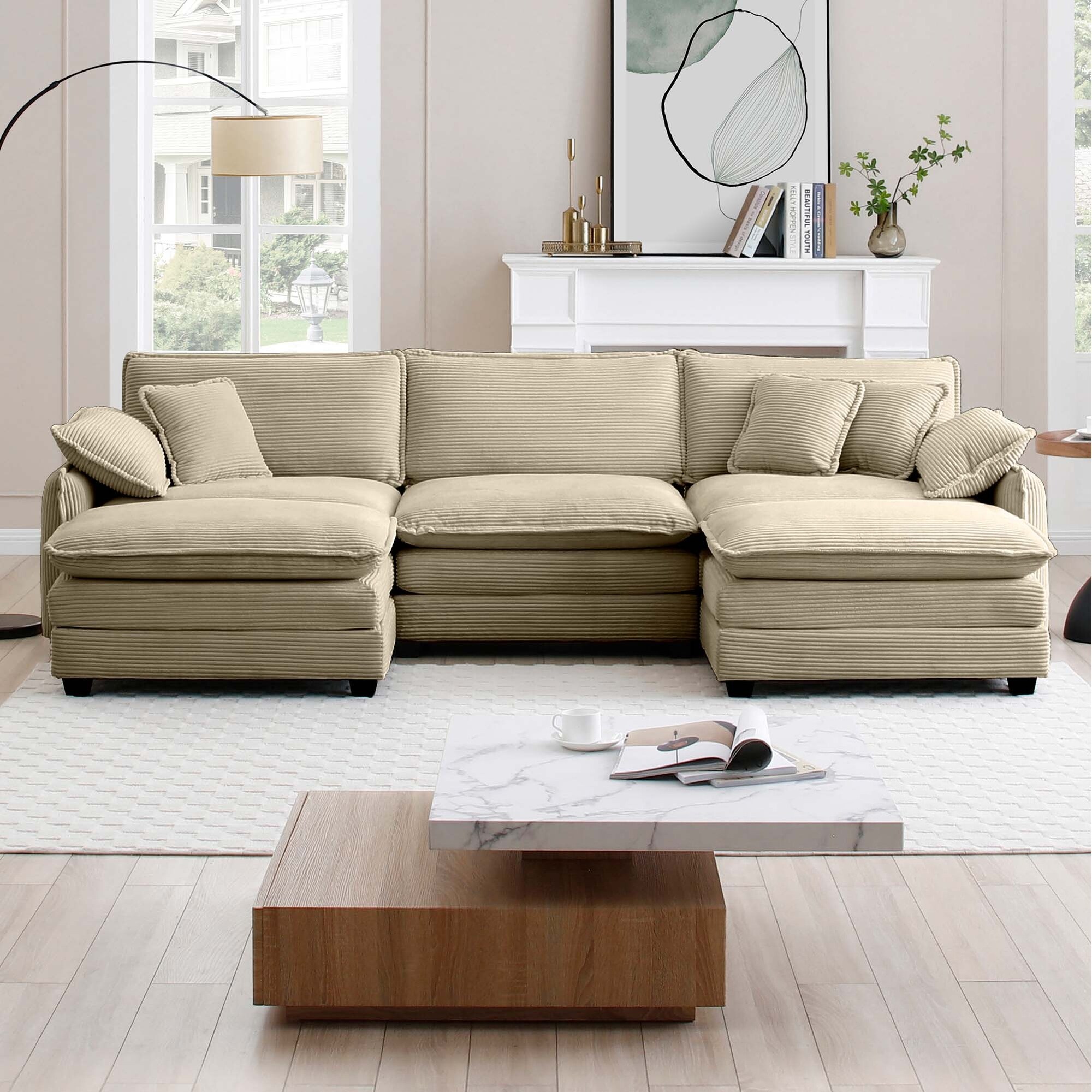 Deep Seat U shaped Chaise Sectional Couch Tan Corduroy Reclining Sofa w 2 Ottomans Double layer Cushions for Living Room