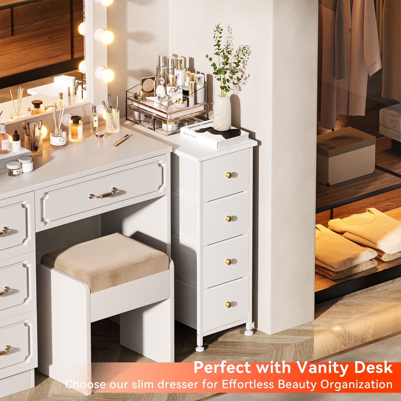 4 Narrow Drawers Dresser for Bedroom Bathroom Leather Home Office Wood Top Bed Bath Beyond 39898882
