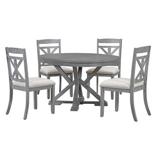 Retro Wood 5-Piece Extendable Round Dining Table Set with 4 Upholstered ...
