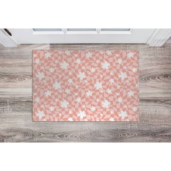 WARPED CHECKERBOARD FLOWER SALMON Doormat By Becca Garrison - Bed Bath ...