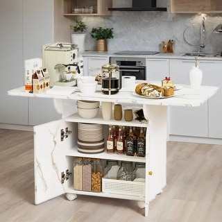47" Wood Rolling Folding Kitchen Island with Storage Rack and Cabinet ...