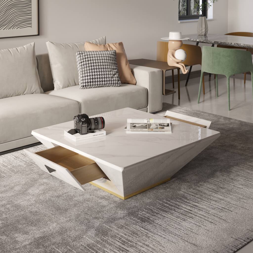 White Square Table Top Marble Coffee Table with 2 Pull Out Drawers ...