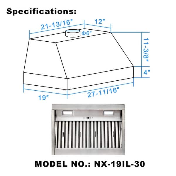 30/36/42/48/54/60 Inch Insert Range Hood 1200 CFM with Light, Baffle ...