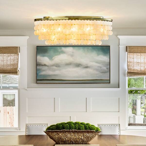 11-Light Farmhouse Coastal Natural Capiz Shell Tiered Flush Mount for ...