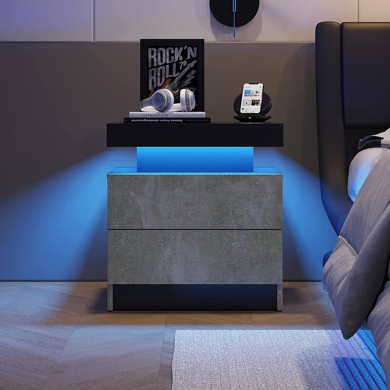 Nightstand LED Bedside Table Cabinet Lights Modern End Side with 2 ...