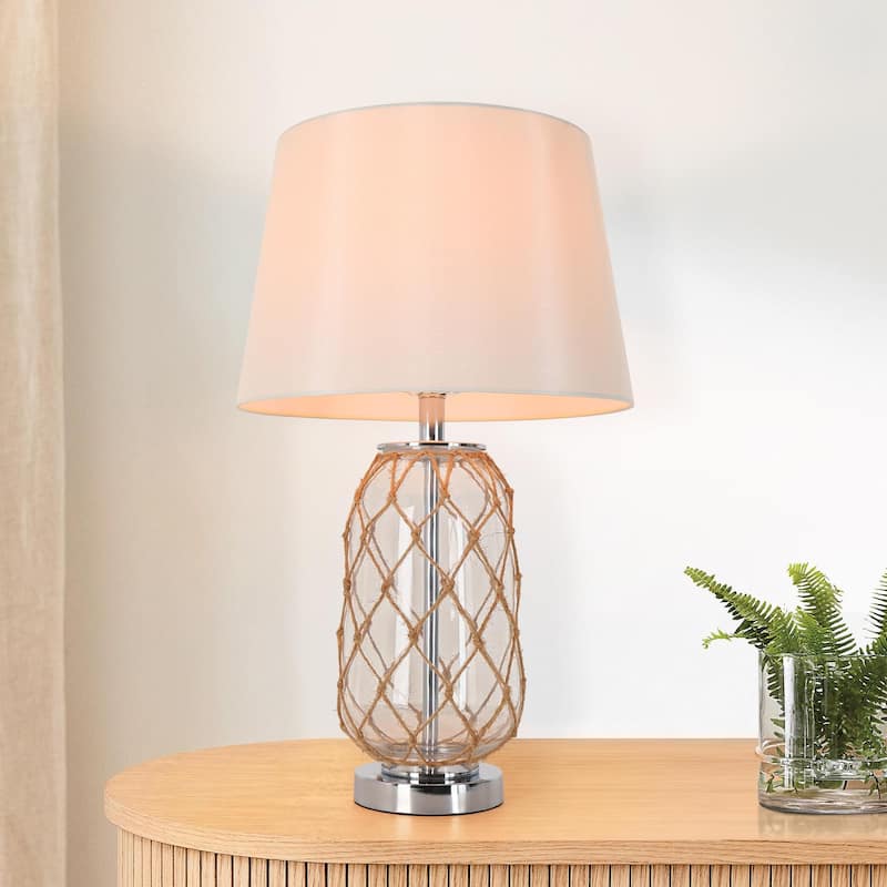 Modern Coastal Jute Rope Table Lamp Seeded Glass 26-inch Cylindrical ...