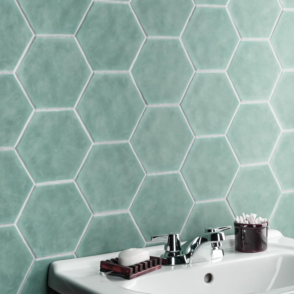 Merola Tile Palm Hex Turquoise 6" x 7" Porcelain Floor and Wall Tile ...