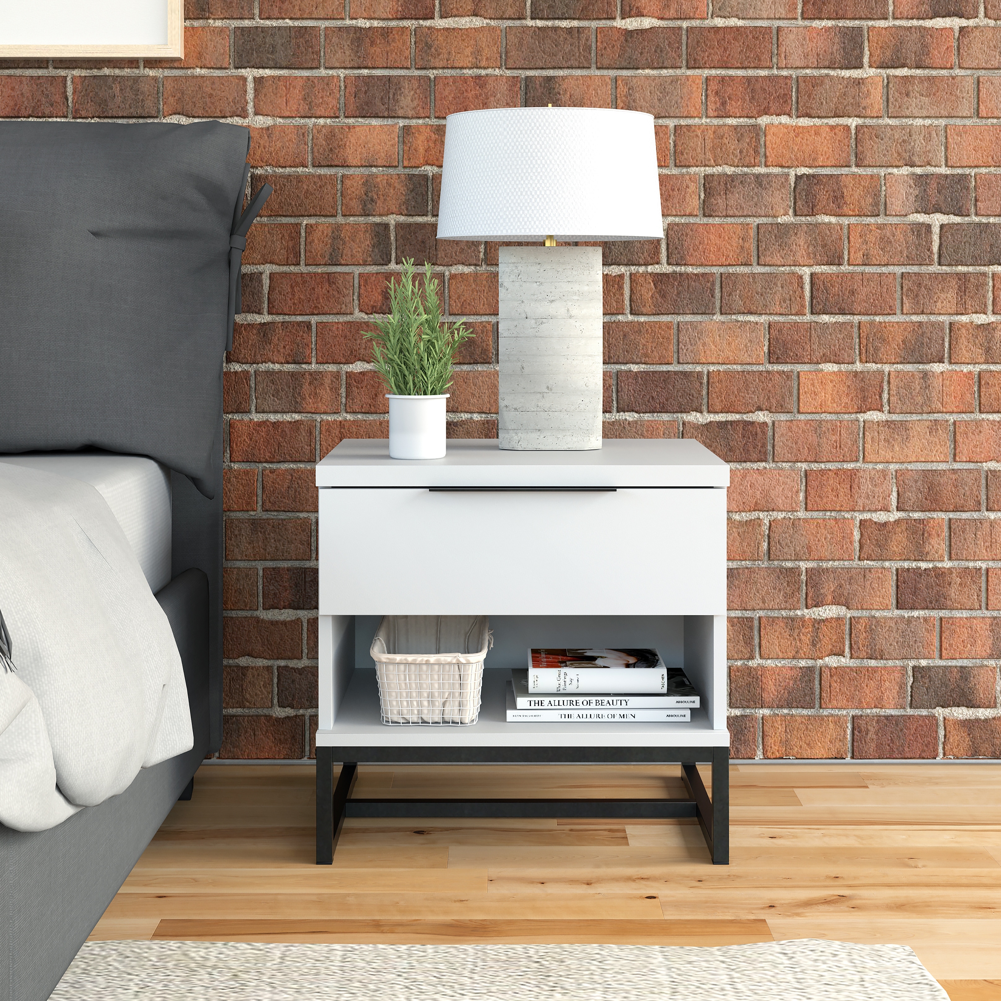 Low profile bedside table store