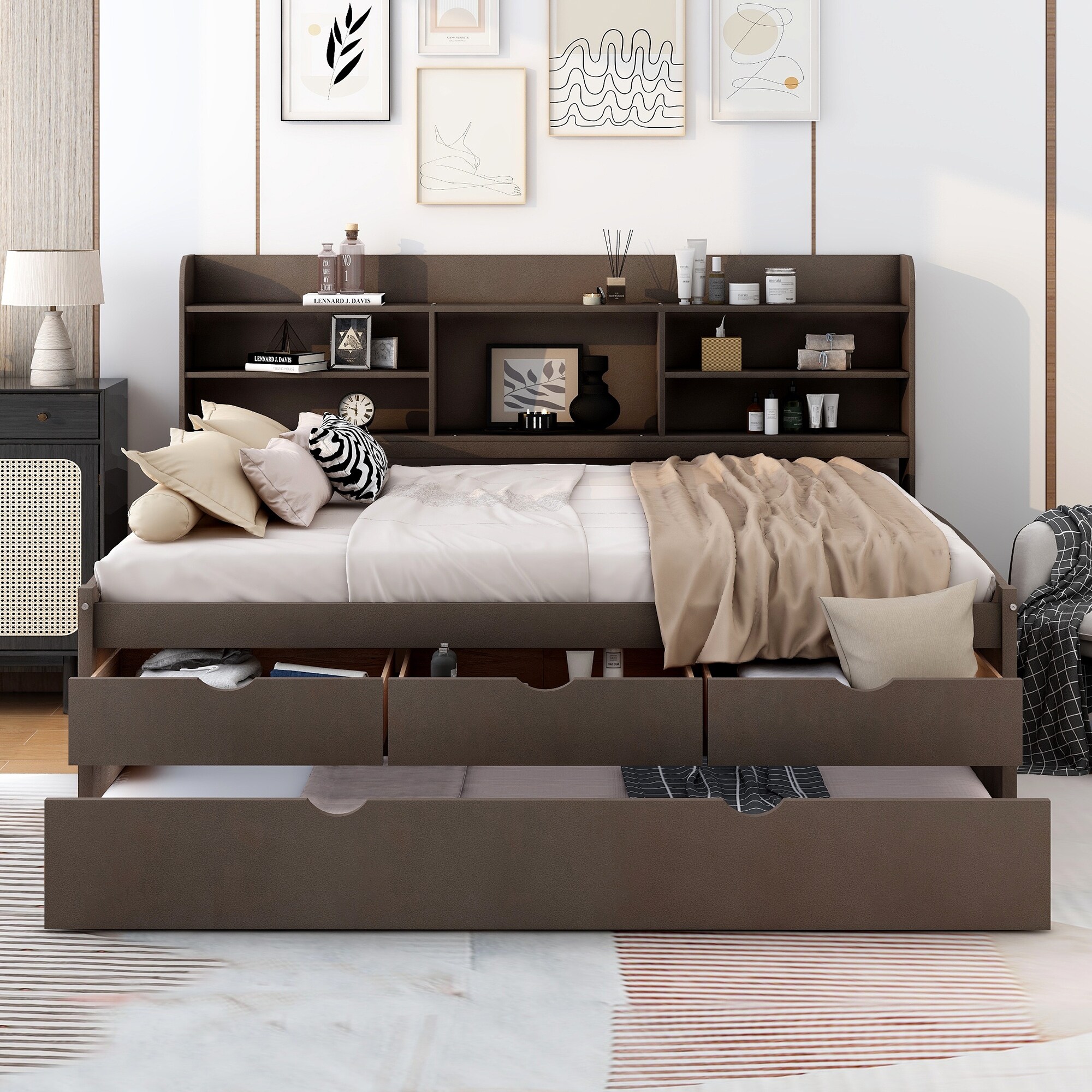 Full Size Daybed Sofa Bed with Bookshelves Full Captain Bed with 3 Storage Drawers and Trundle for Kids Adults Antique Gray Bed Bath Beyond 39989559