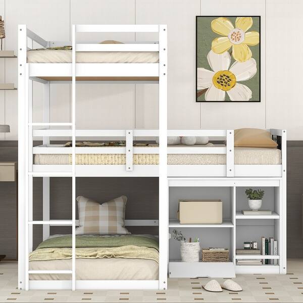 White Wood L-Shaped Triple Twin Bunk Bed with Storage - Bed Bath ...