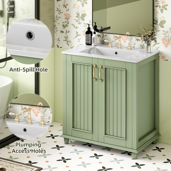 Freestanding 30 inch Bathroom Vanity with Resin Sink Solid Wood Frame Cabinet with Hidden Drawer Green