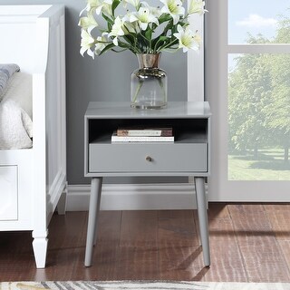 Gray Bedside Table with Drawer & Open Shelf - Sturdy Wood Nightstand ...